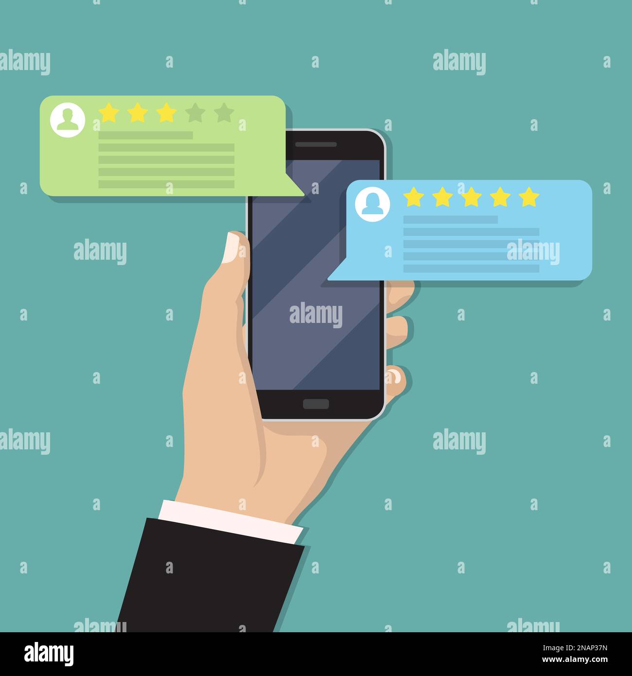 Hand holding smartphone with review rating in a flat design Stock ...