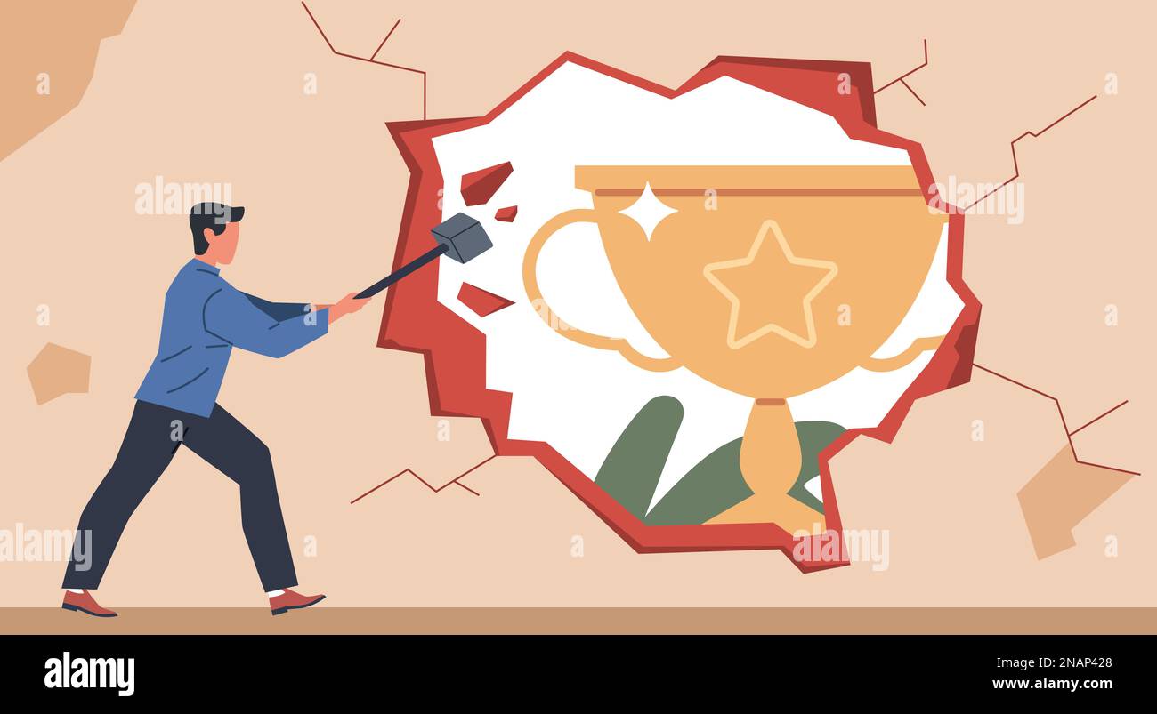 Overcoming problems destroy wall. Businessman smashes an obstacle with ...