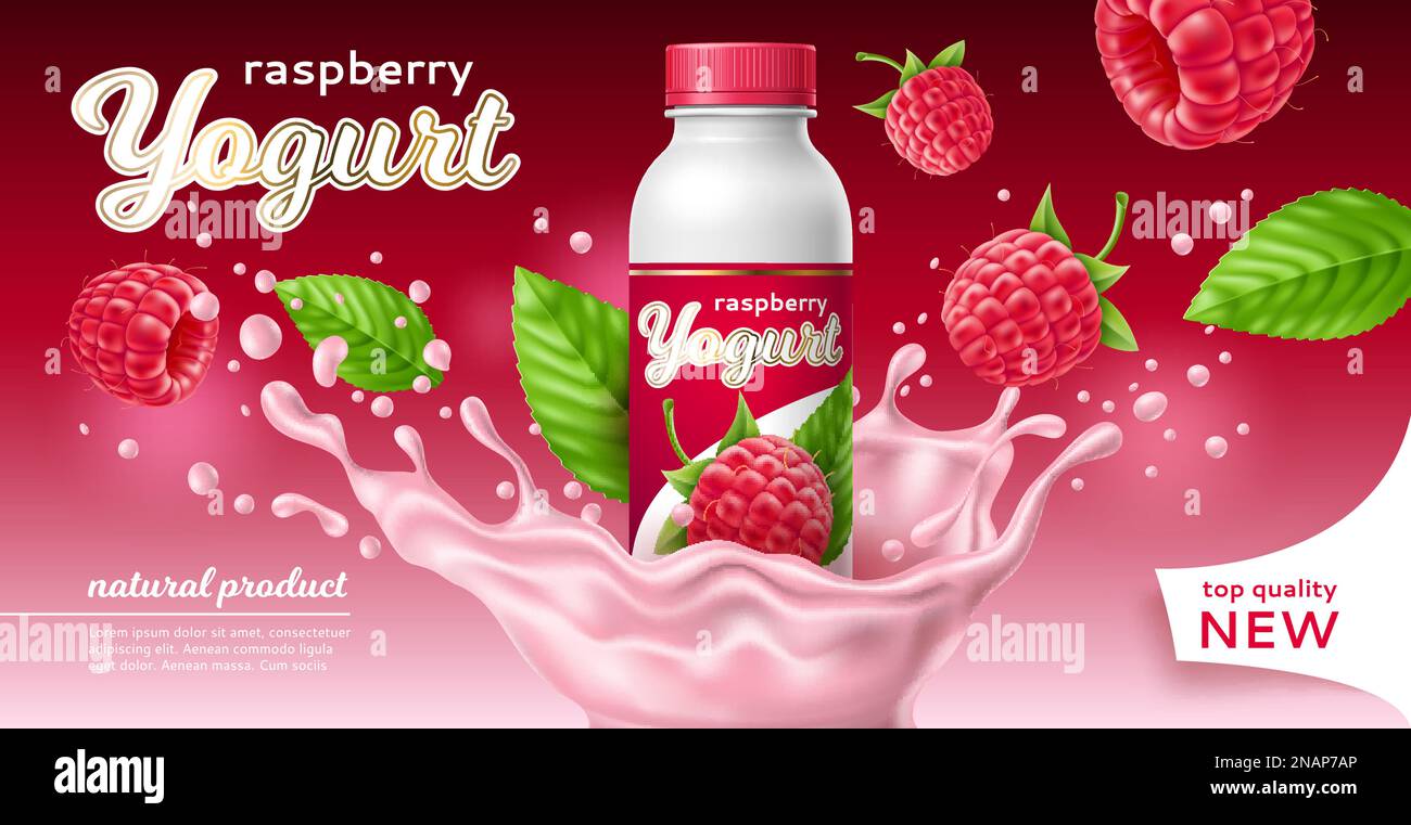 Realistic yogurt poster. Natural drinking fermented milk product with ...