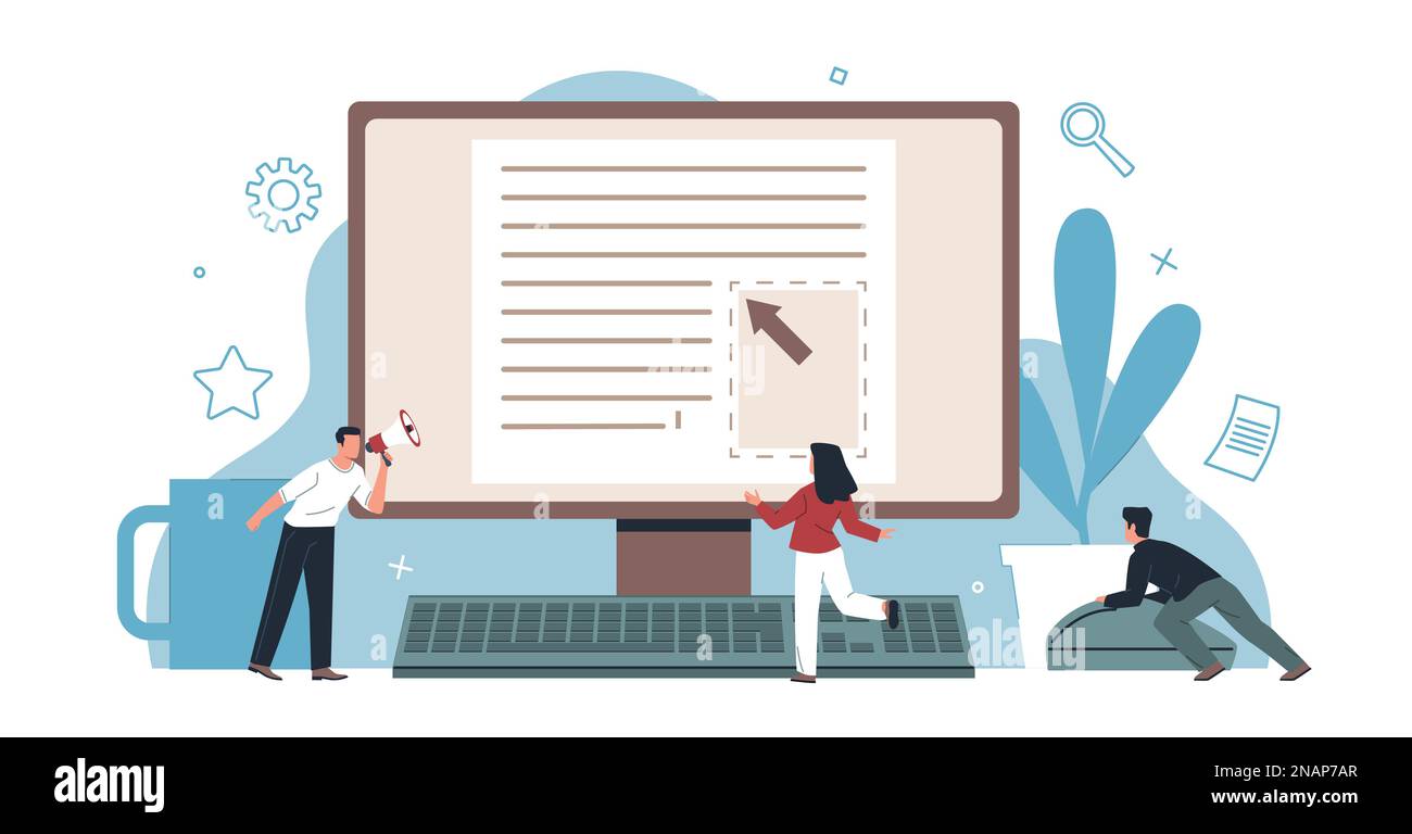 Manager with megaphone hurries employees. Angry boss is pushing workers ...