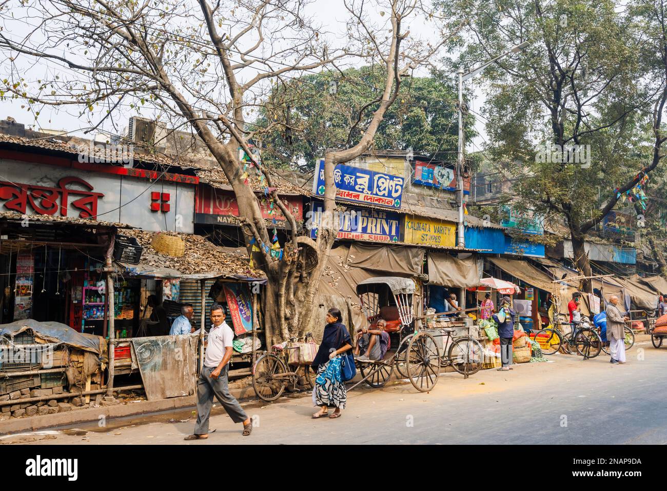 Street scene of a resting rickshaw driver, local people, shops, stalls ...