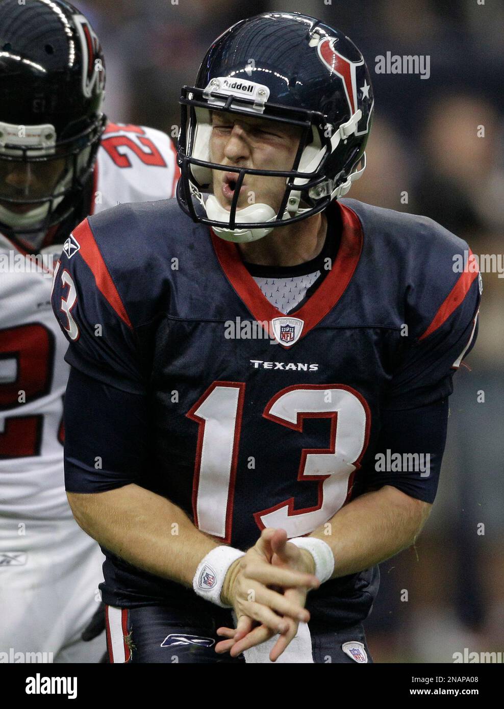 Houston Texans quarterback T.J. Yates (13) reacts to just missing a ...