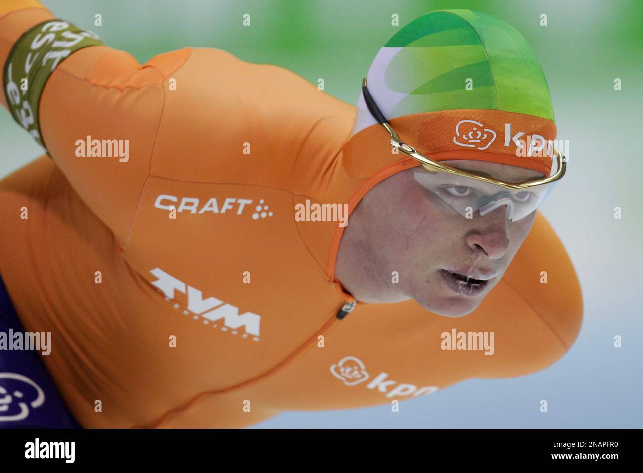 Sven Kramer of The Netherlands strains as he competes during the men's ...
