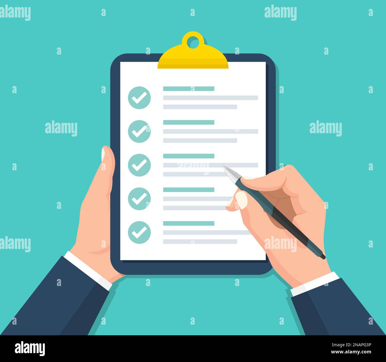 Businessman hands holding clipboard with checklist in a flat design ...