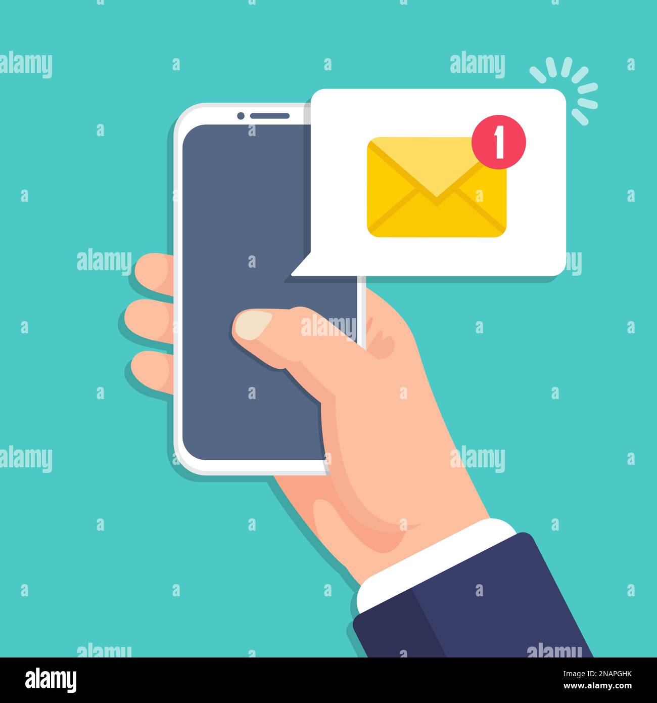 Hand holding smartphone with email message notification in a flat ...