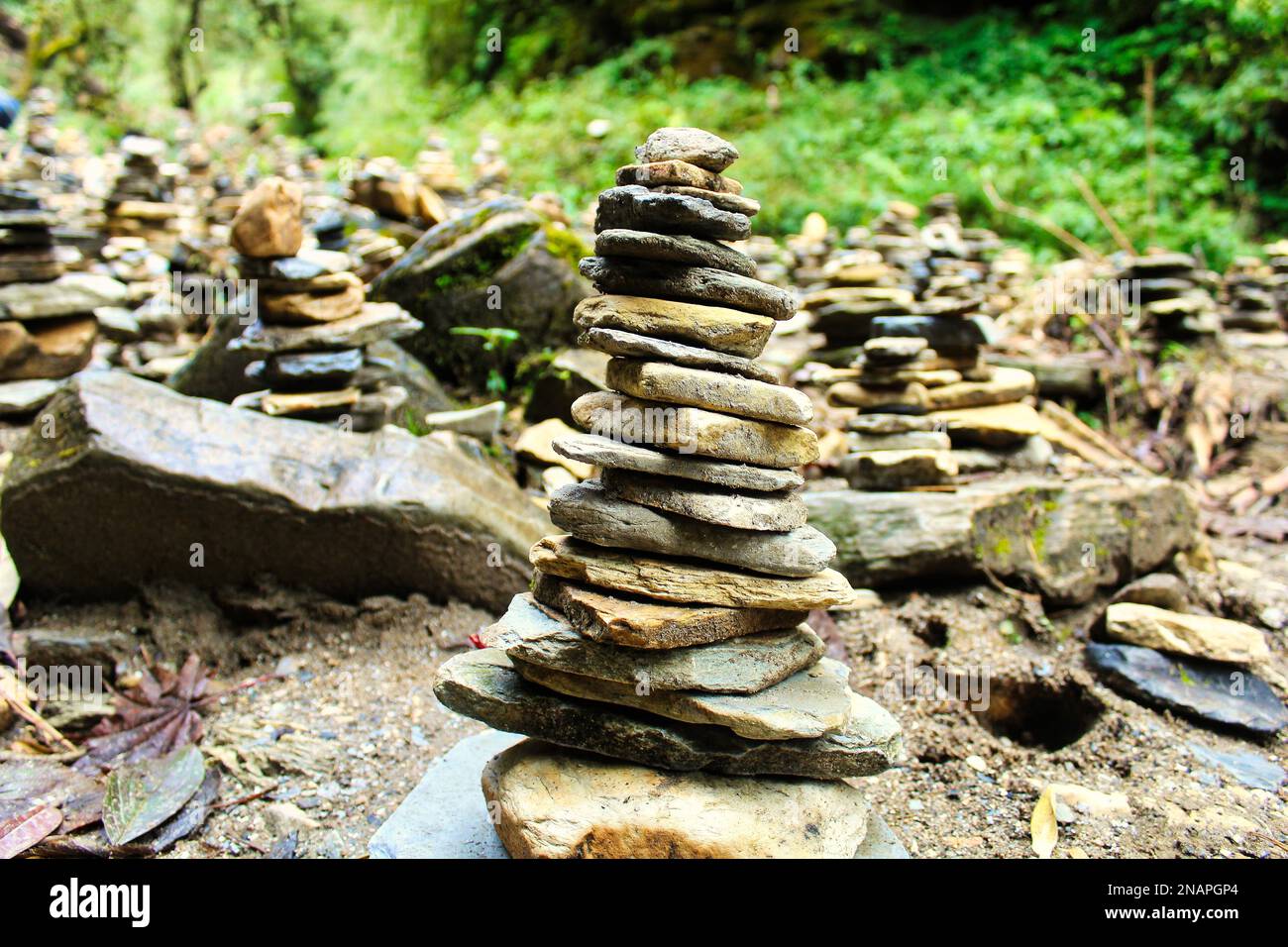 A Stone Cairn is a common sign in rivers across Nepal as a symbol of ...