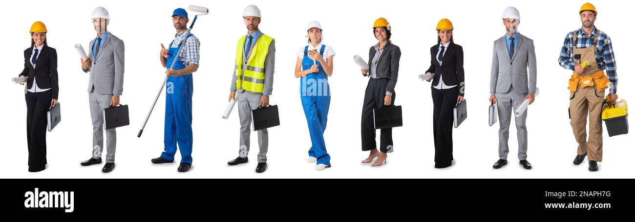 Collection set of full length portraits of construction industry ...