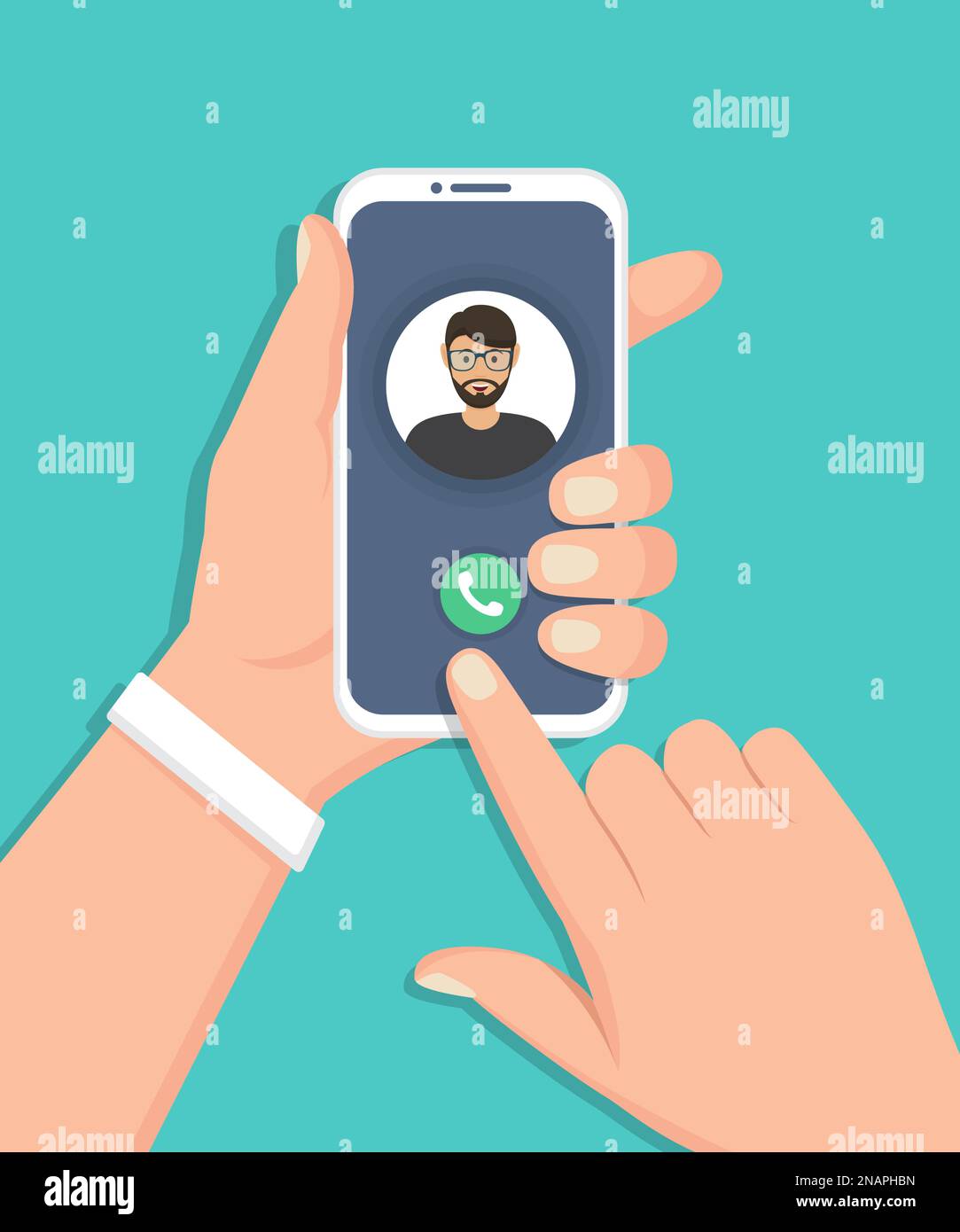 Hand holding smartphone with incoming call in a flat design Stock ...
