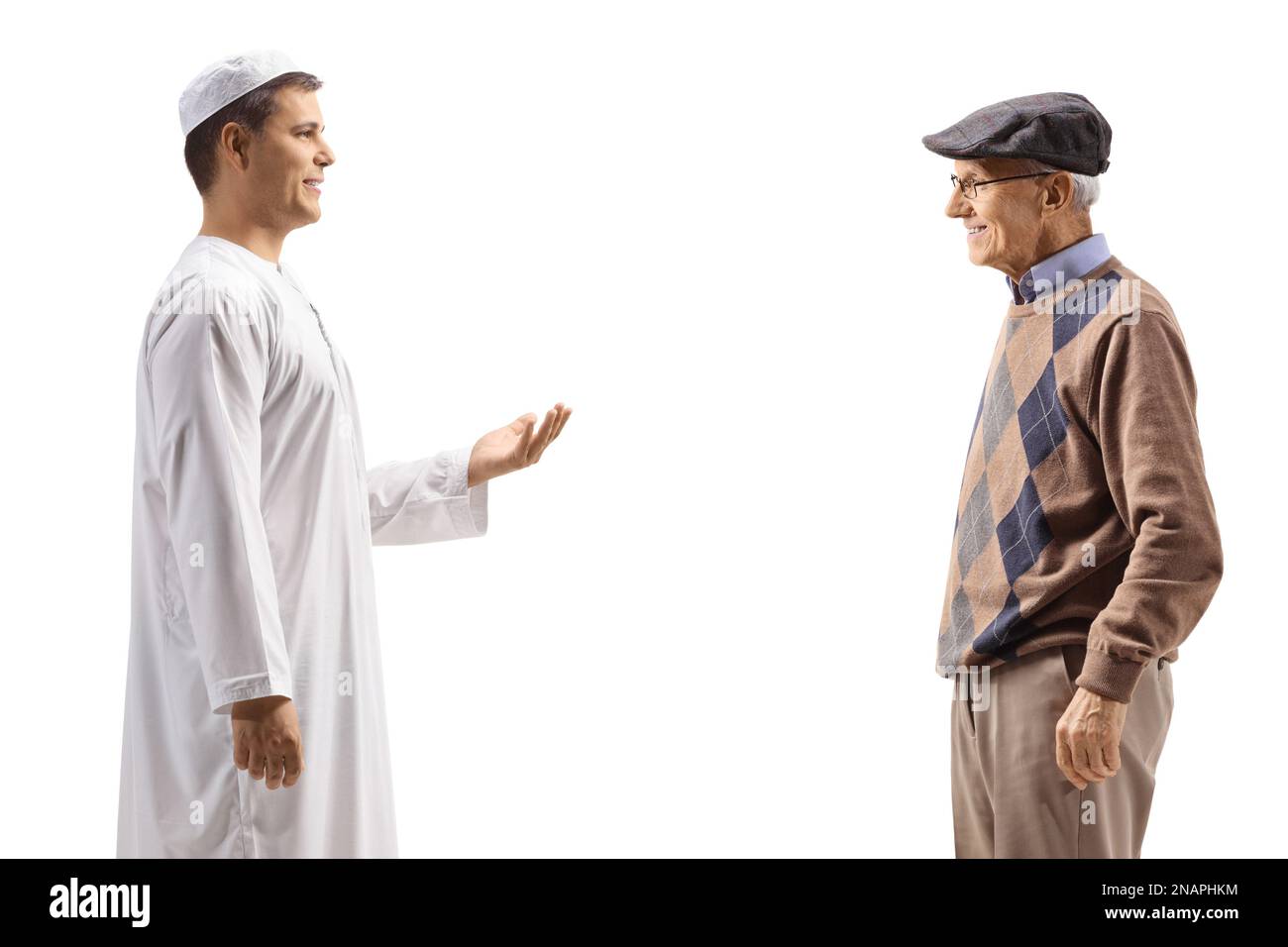 Profile shot of a young arab person talking to an elderly man isolated ...