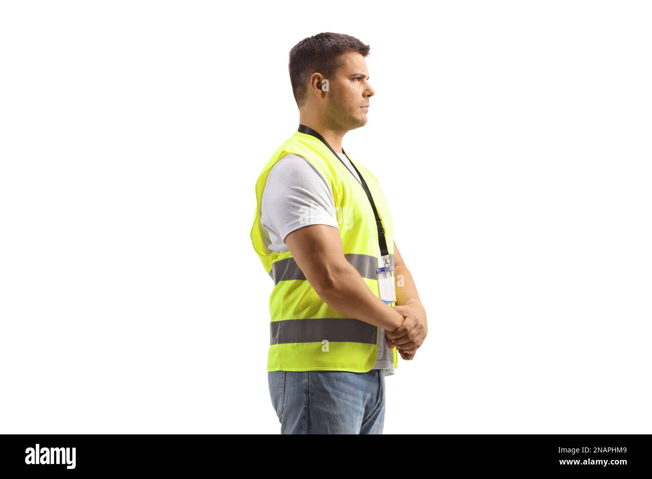 Security guy in a vest standing isolated on white background Stock ...