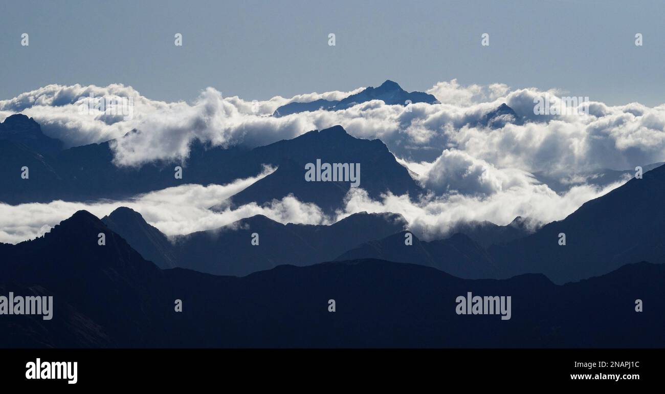 Alpine mountain silhouette layers, nature landscape panorama seen from ...