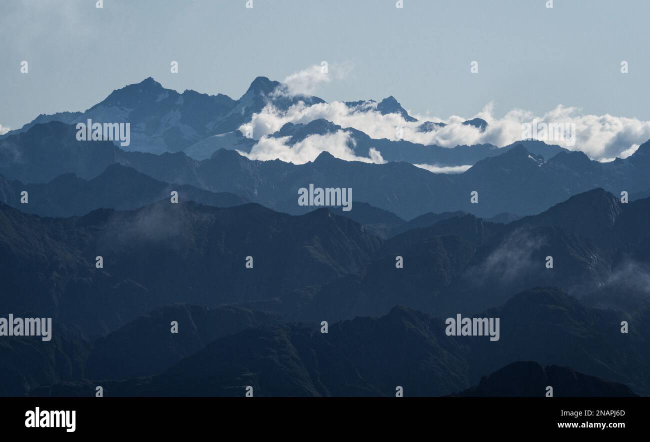 Alpine mountain silhouette layers, nature landscape panorama seen from ...