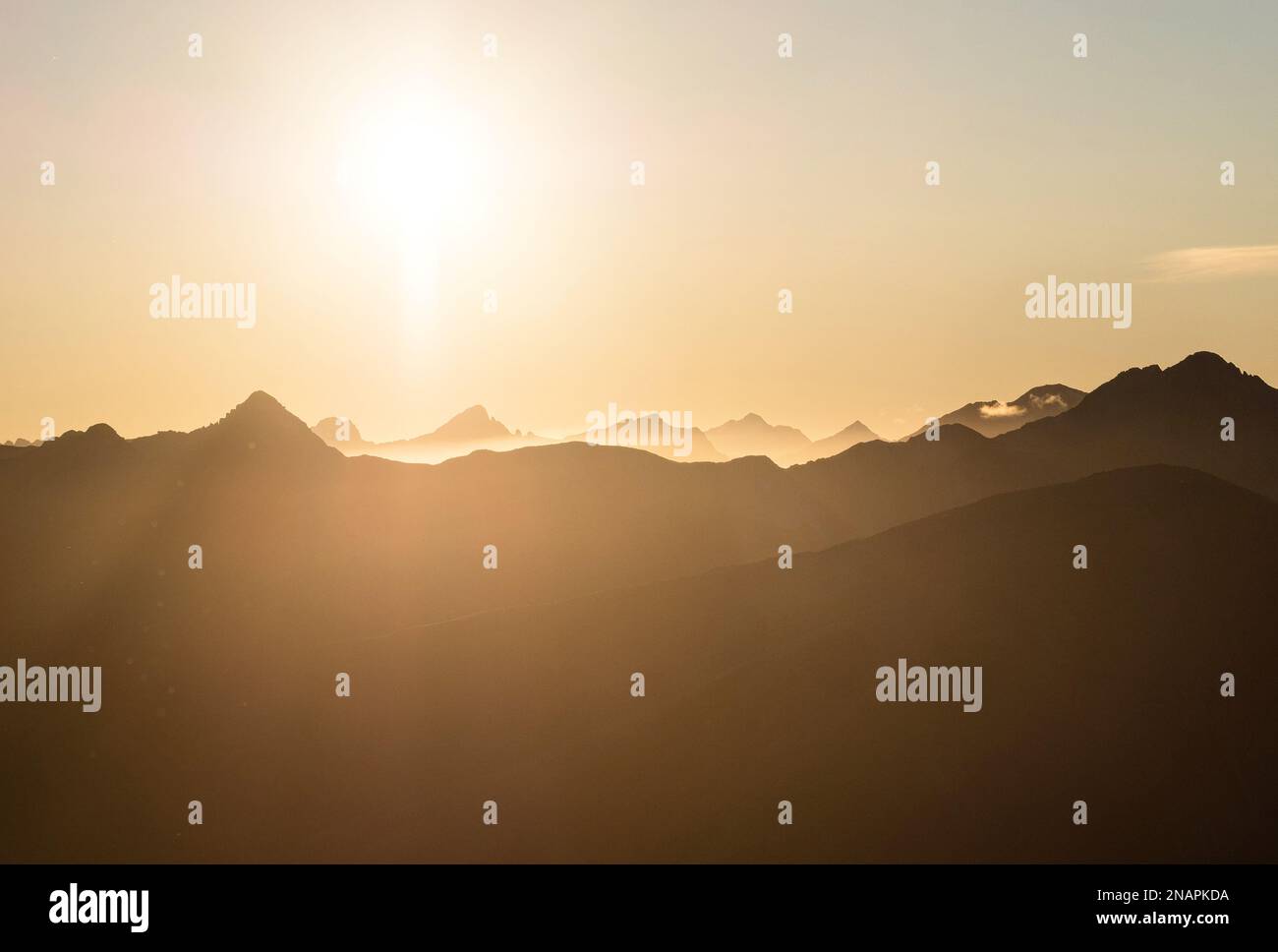 Alpine sunset mountain silhouette layers, nature landscape panorama ...