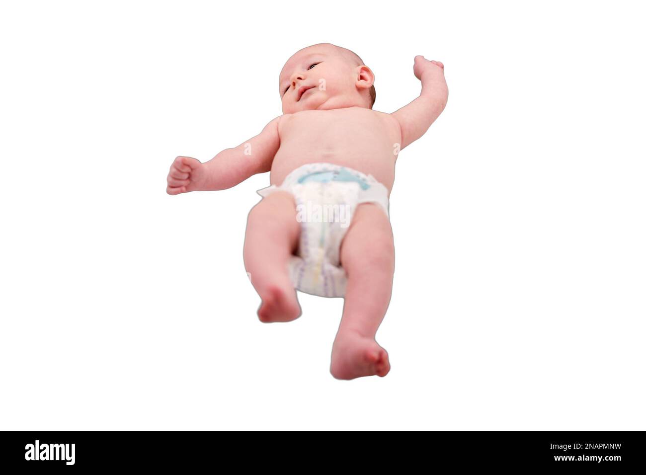 Baby infant boy lies in a diaper on the changing table, isolated on a ...