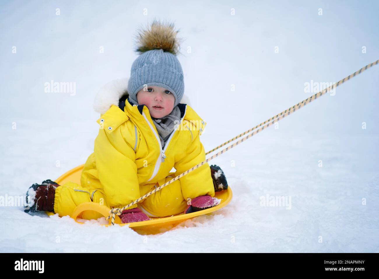 Happy toddler baby rides on an ice sled in the snow in a yellow ...