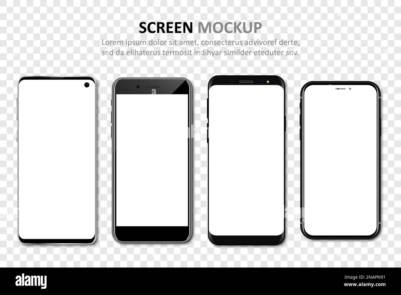 Set of four different smartphones with blank screen. Mock up of ...