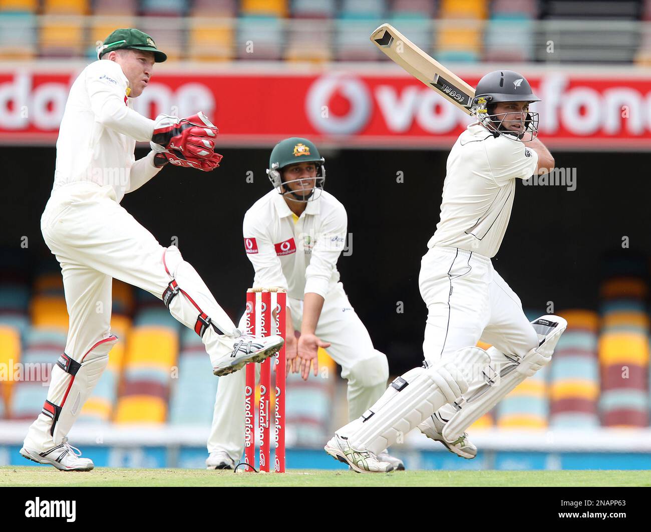 New Zealand's Dean Brownlie, right, plays a shot as Australian wicket ...