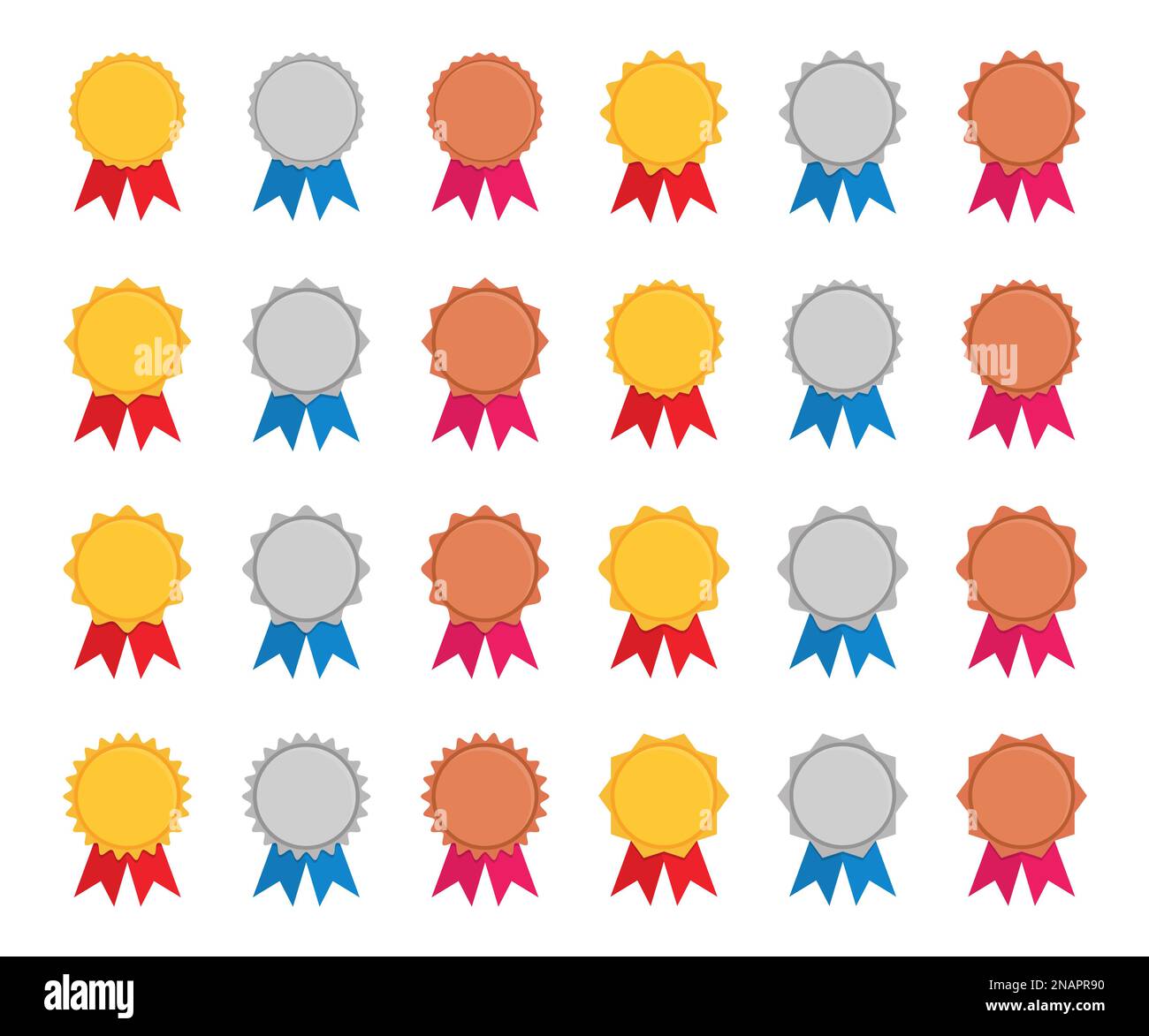 Big set of medals with ribbon in a flat design. Gold, silver and bronze ...