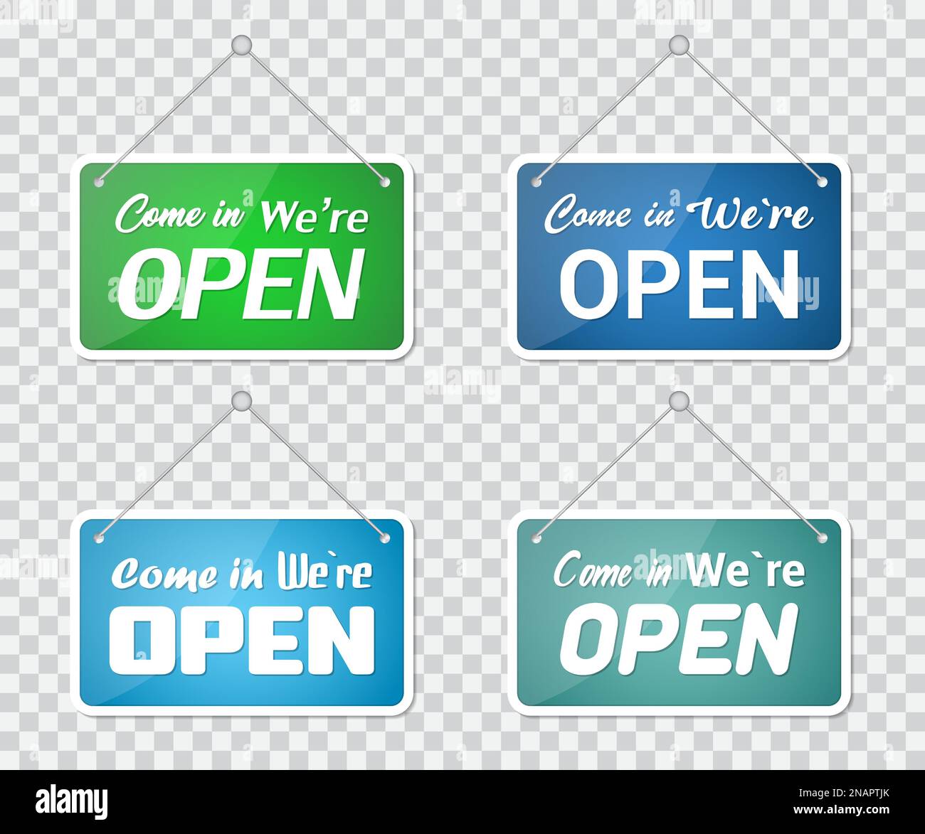 Set of come in we're open door sign on a transparent background Stock ...