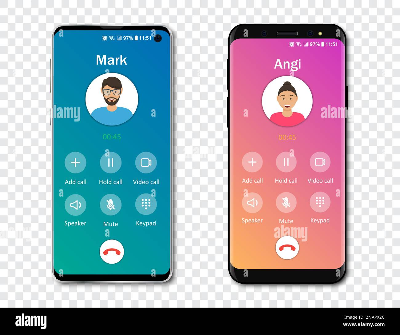 Smartphone call app interface template on a transparent background ...