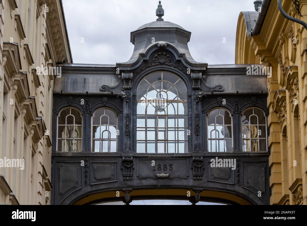 Picture of a skybridge, also called skywalk bridge or skyway bridge, an ...