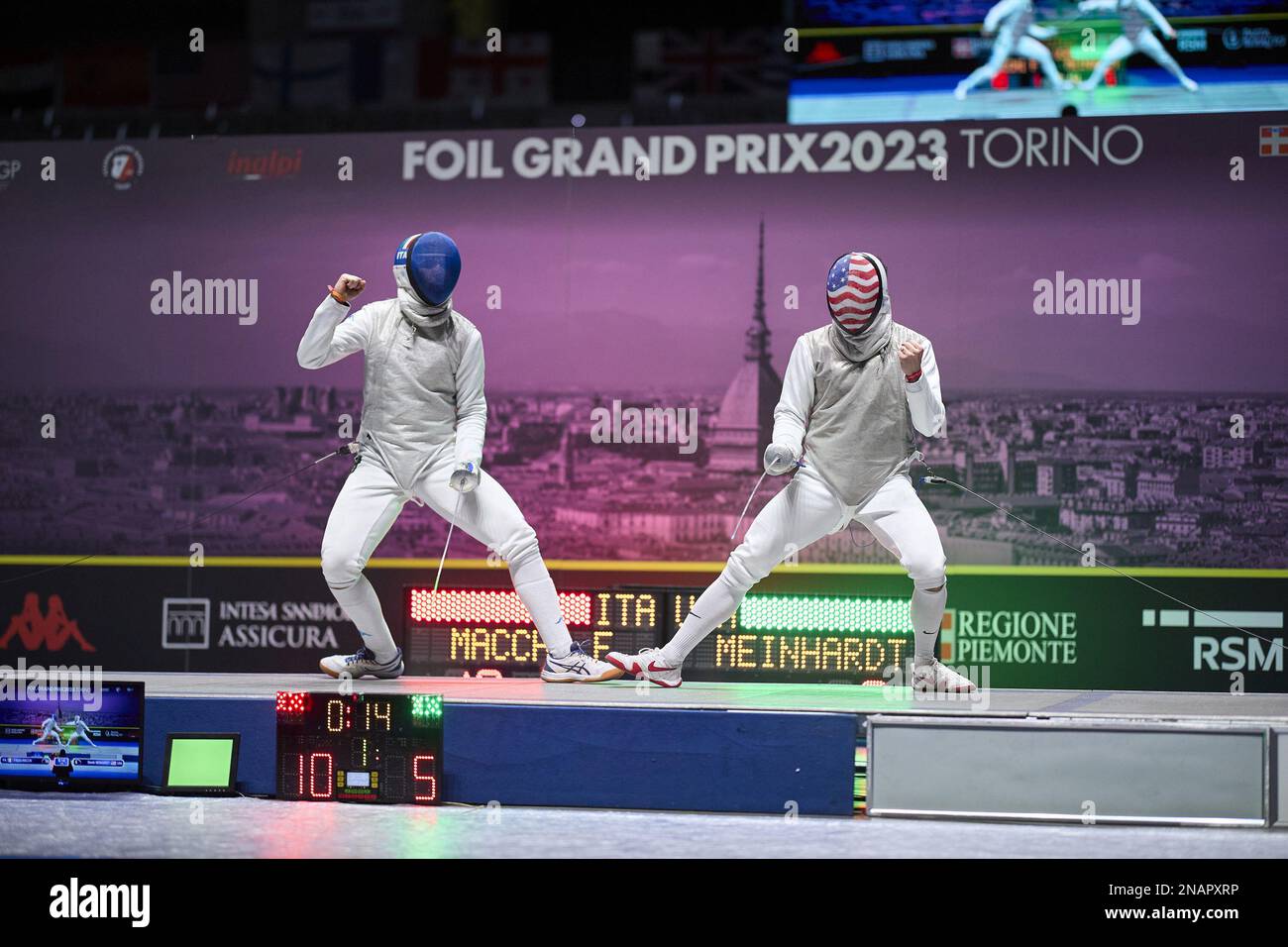 Turin, Italy. 12th Feb, 2023. Filippo Macchi (ITA) and Gerek Meinhardt ...