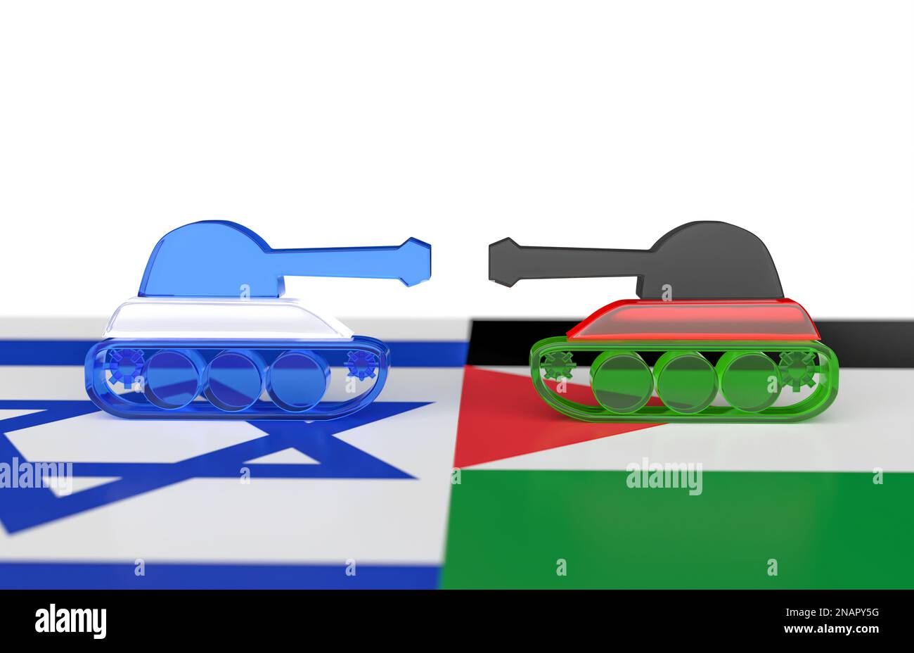 3d render of Israeli and Palestinian war tank facing each other in two ...