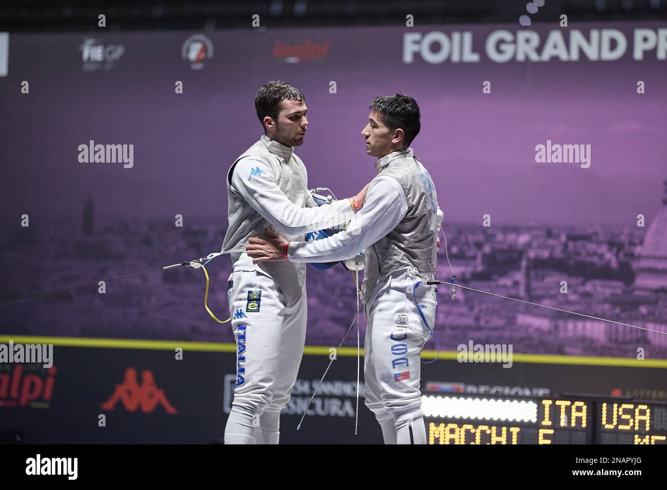 Turin, Italy. 12th Feb, 2023. Filippo Macchi (ITA) and Gerek Meinhardt ...