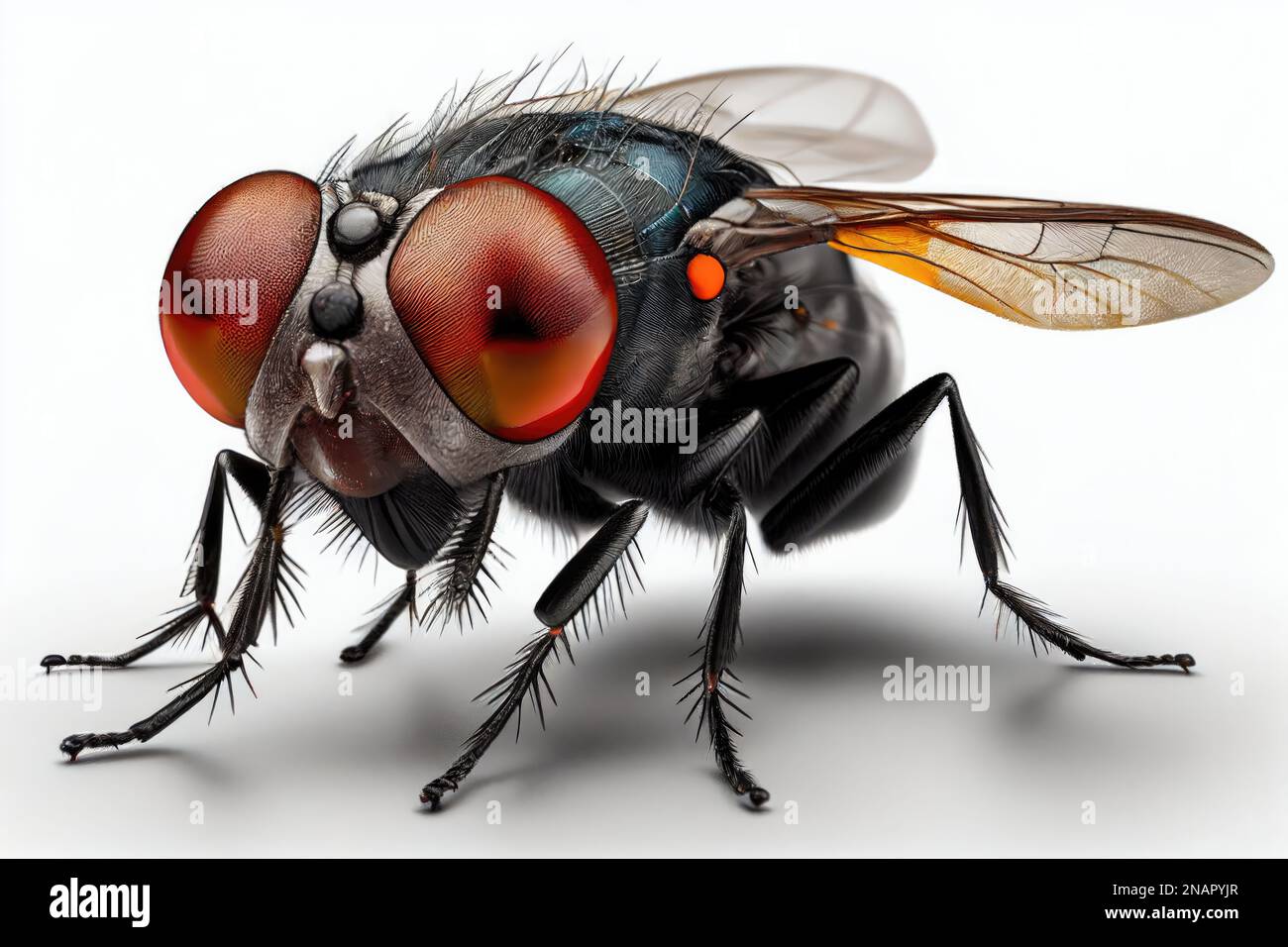 An up-close image of a black fly with piercing red eyes, set against a ...