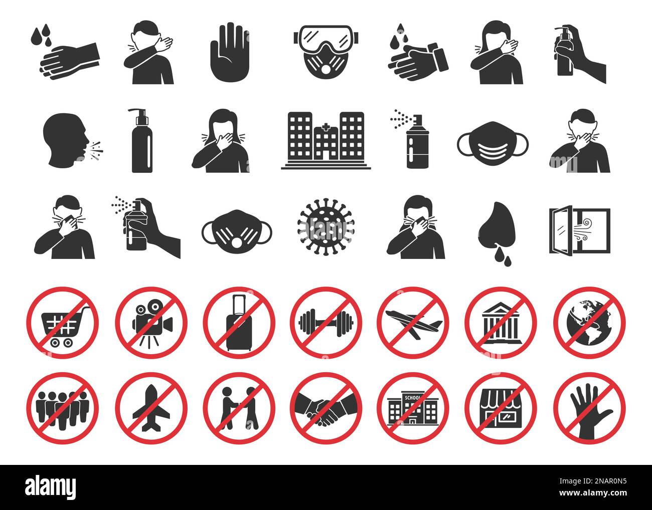 Big set of coronavirus icons. Preventive virus protection measures ...