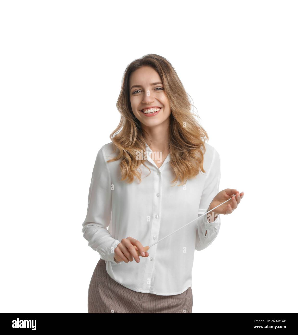 Music teacher with baton on white background Stock Photo - Alamy
