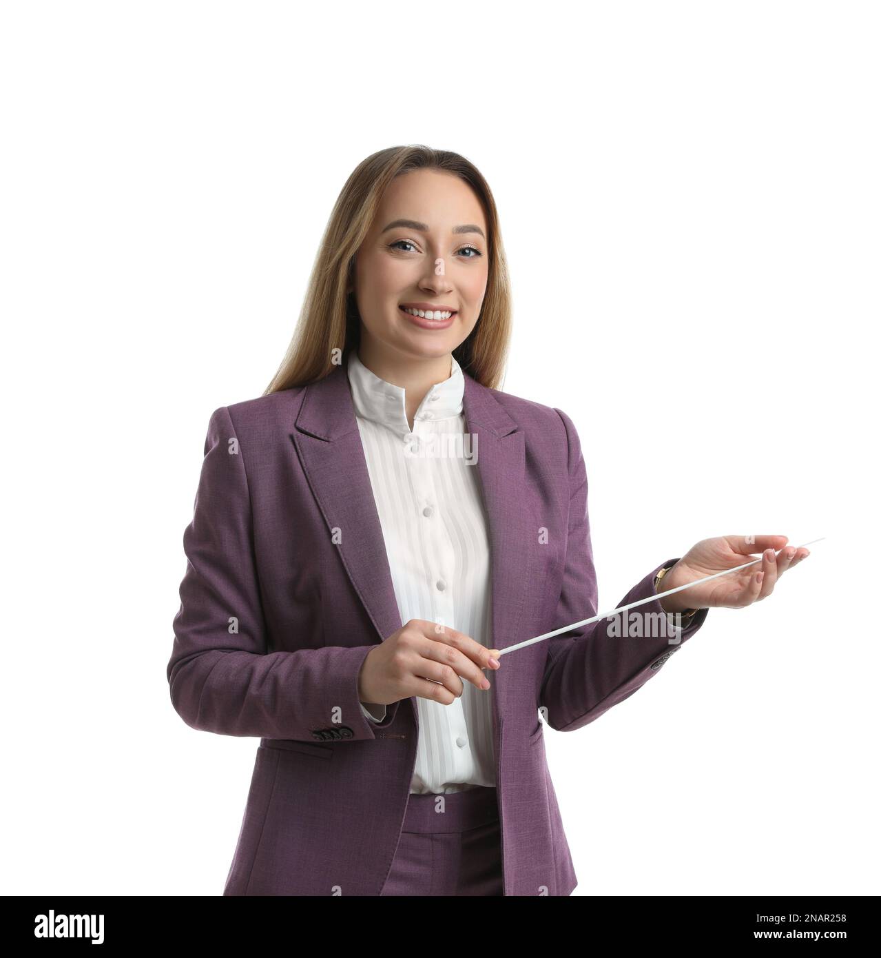 Music teacher with baton on white background Stock Photo - Alamy
