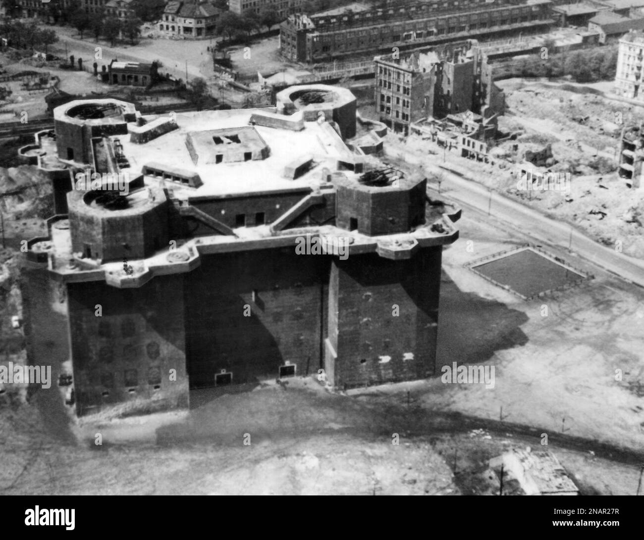 Aerial view of a giant flak tower in Hamburg, Germany on May 3, 1945 ...