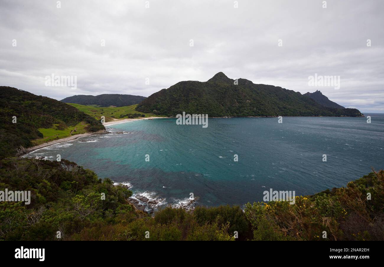Smugglers Bay beach with lush green grass nature landscape panorama ...