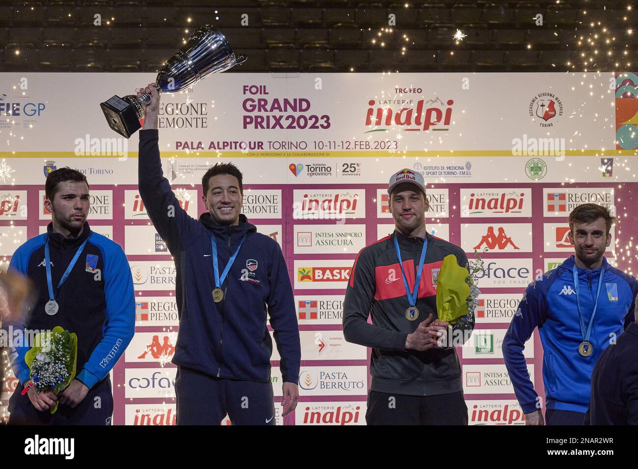 Turin, Italy. 12th Feb, 2023. Gerek Meinhardt (USA) celebrating on the ...