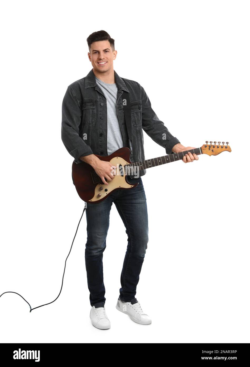 Man with electric guitar on white background. Music teacher Stock Photo ...