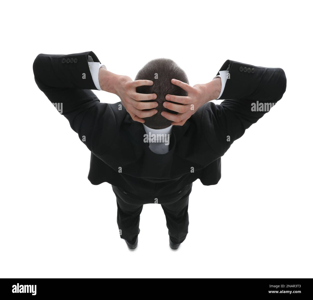 Businessman in suit on white background, back view Stock Photo - Alamy