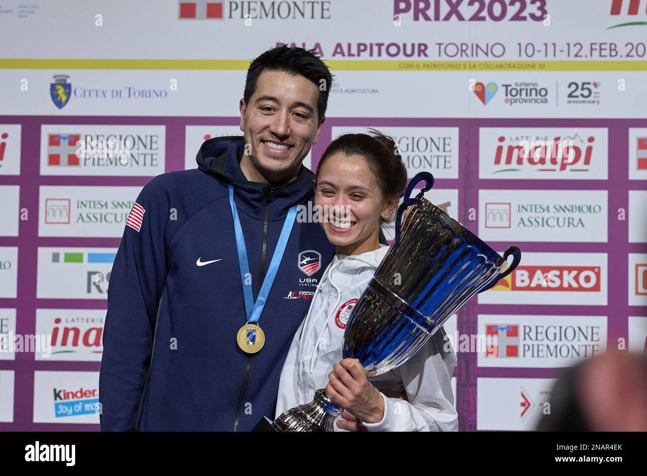 Turin, Italy. 12th Feb, 2023. Gerek Meinhardt (USA) with Lee Kiefer ...