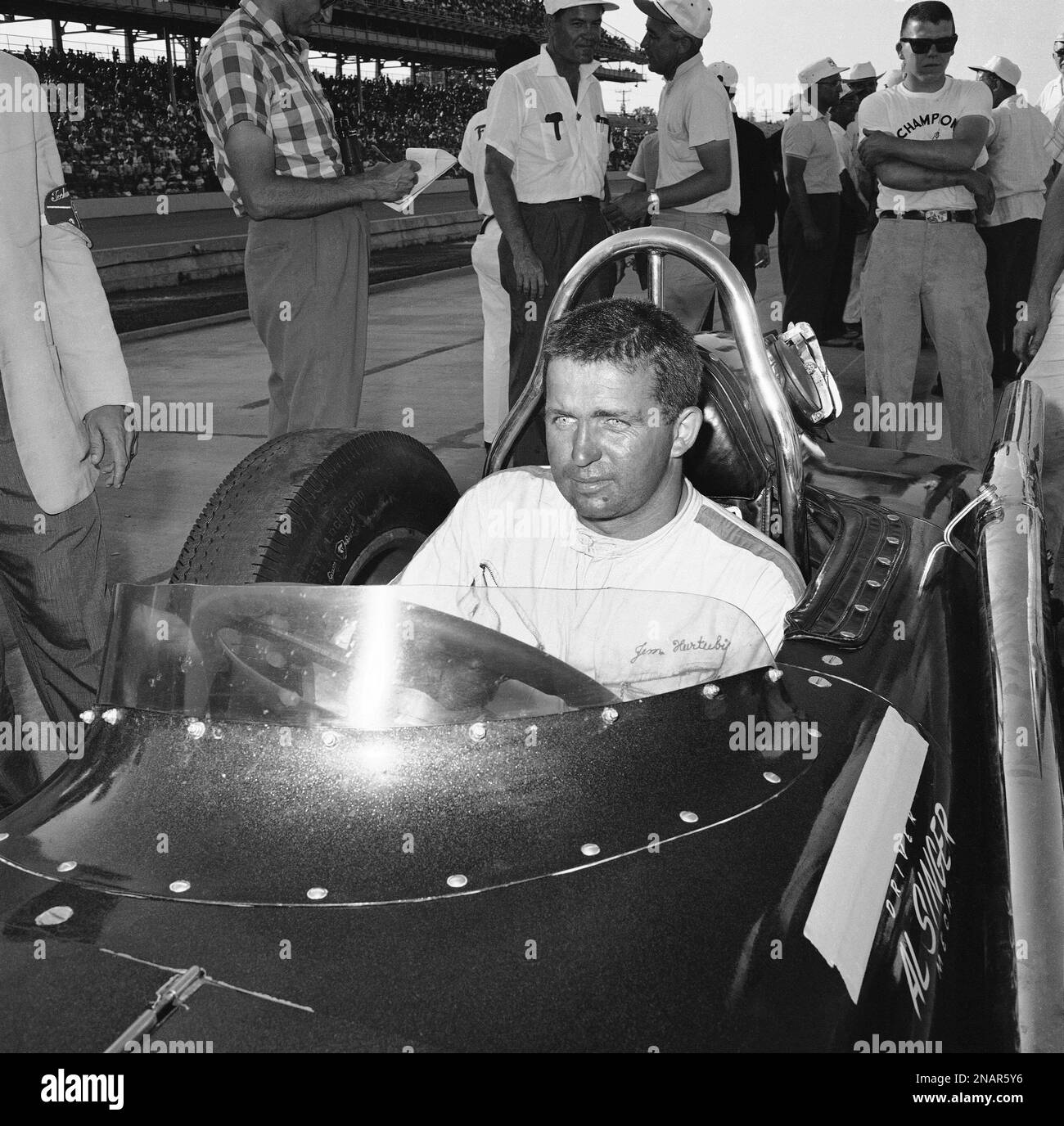 Race car driver Jim Hurtubise sits in a racer he had never been in ...