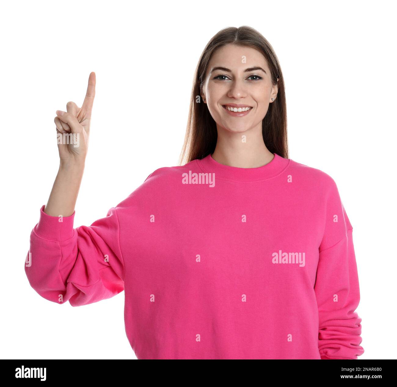 Woman showing number one with her hand on white background Stock Photo ...