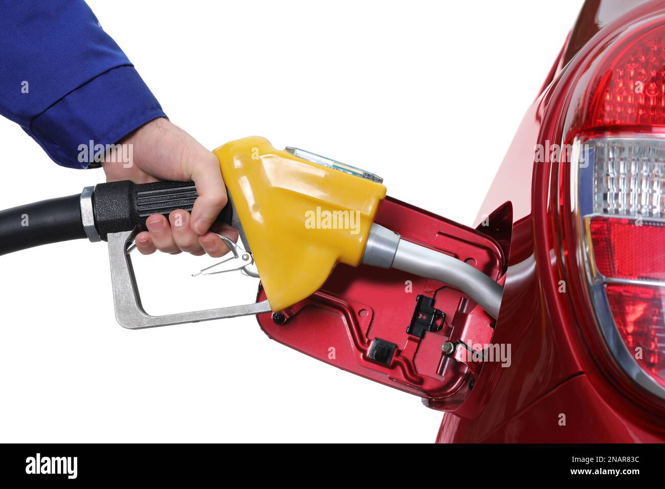 Worker filling up car with fuel on white background, closeup. Gas ...