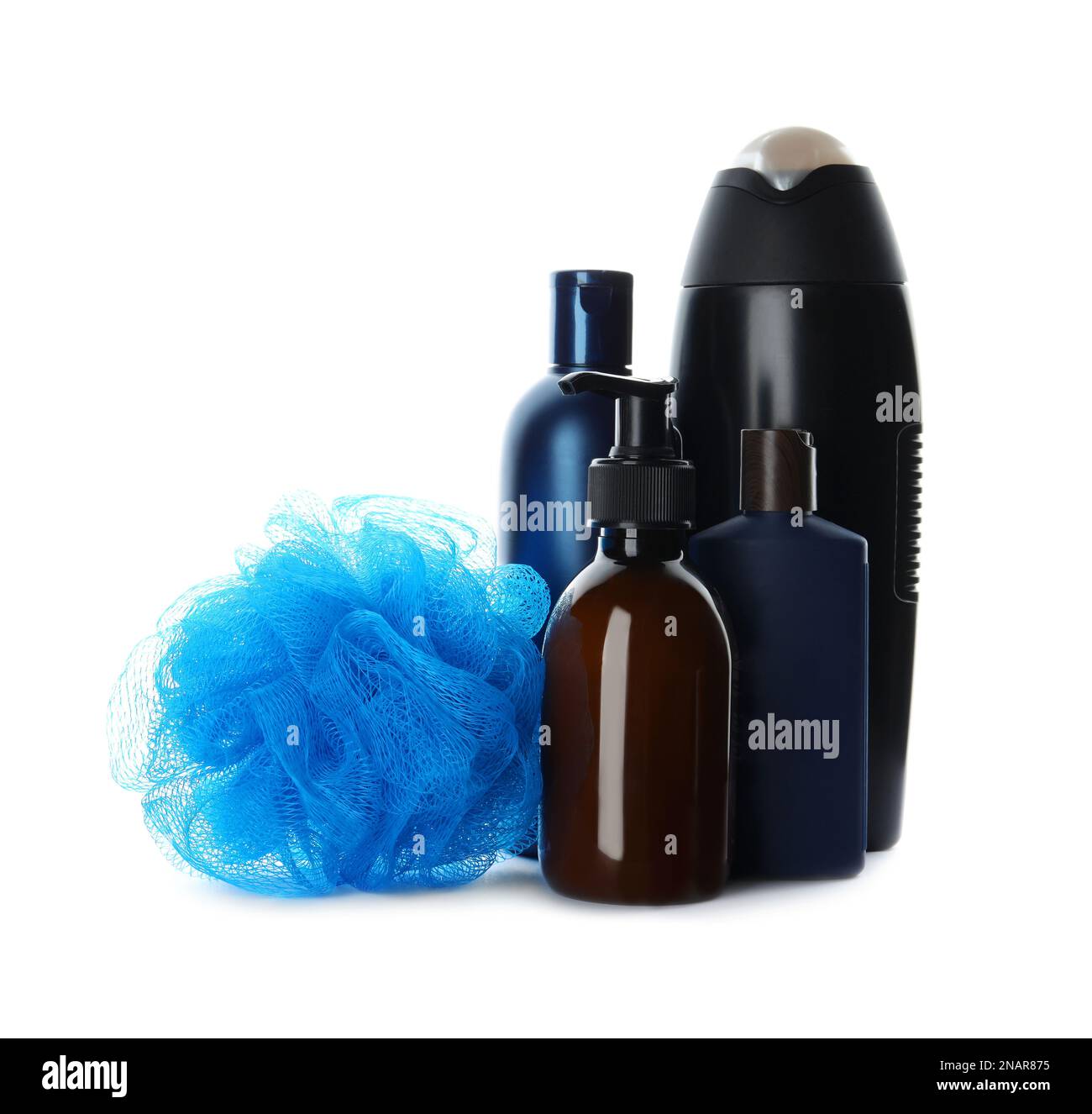 Personal hygiene products and shower puff on white background Stock ...