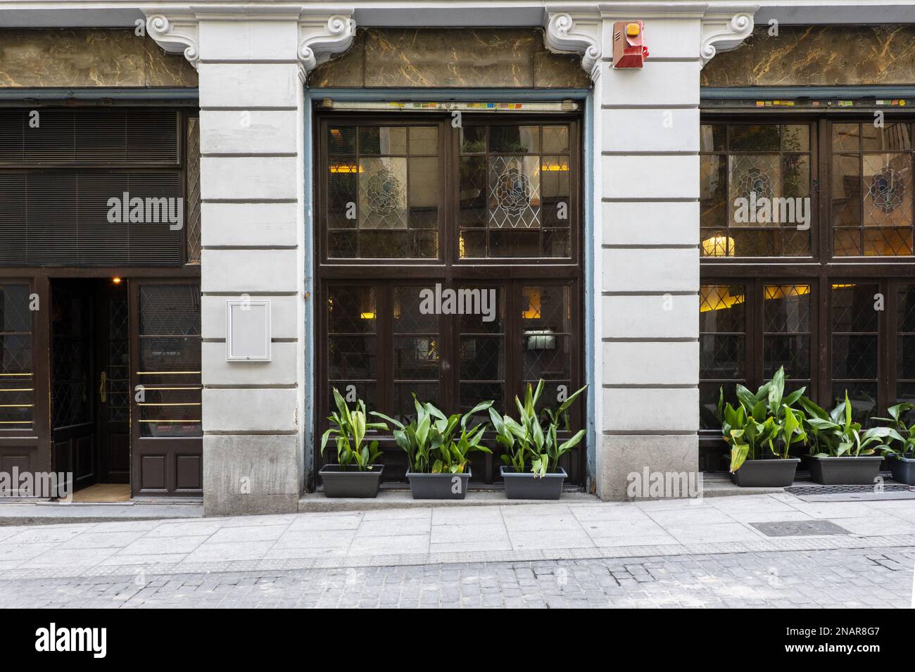 Street level entrance facade of an Irish pub style restaurant with ...