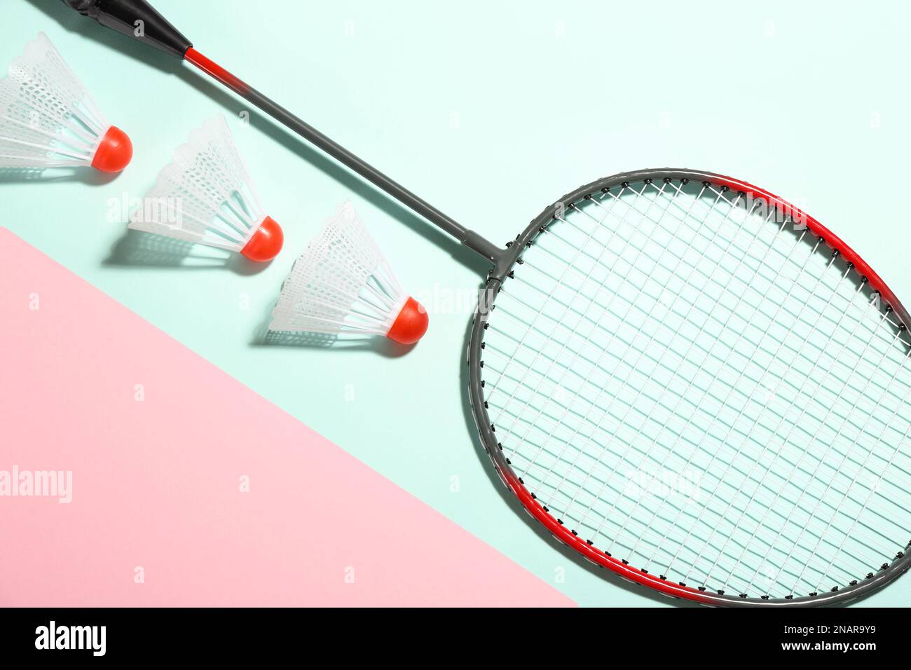 Badminton racket and shuttlecocks on color background, flat lay Stock ...