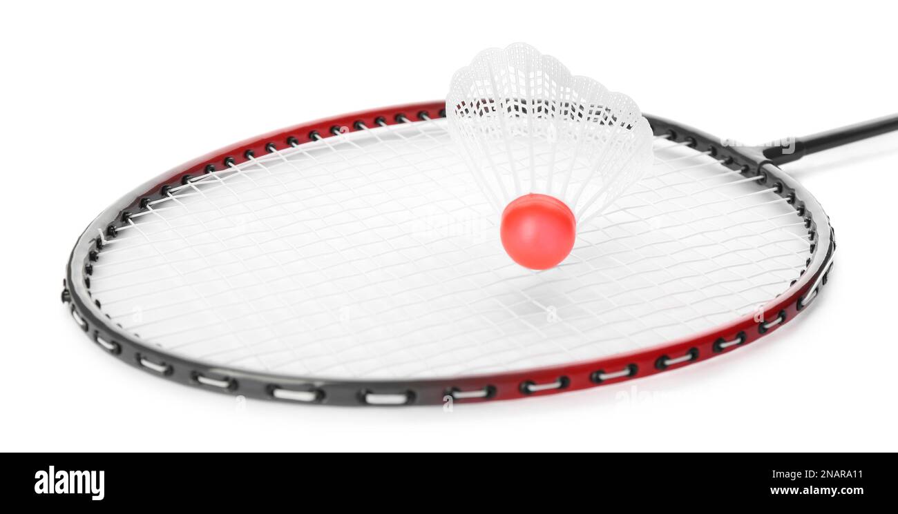 Badminton racket and shuttlecock on white background Stock Photo - Alamy