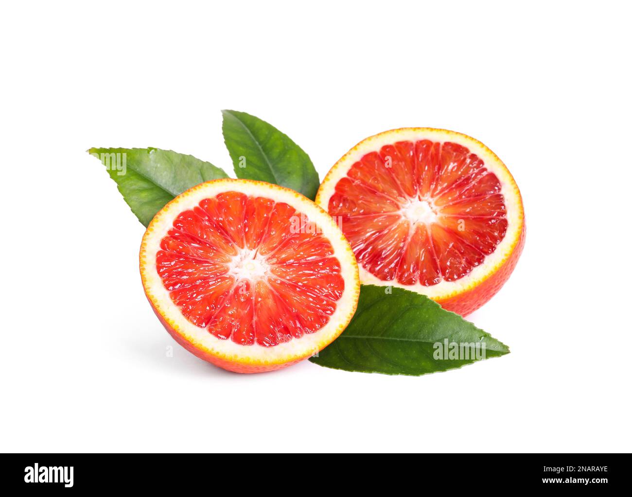 Cut ripe red orange with green leaves isolated on white Stock Photo - Alamy