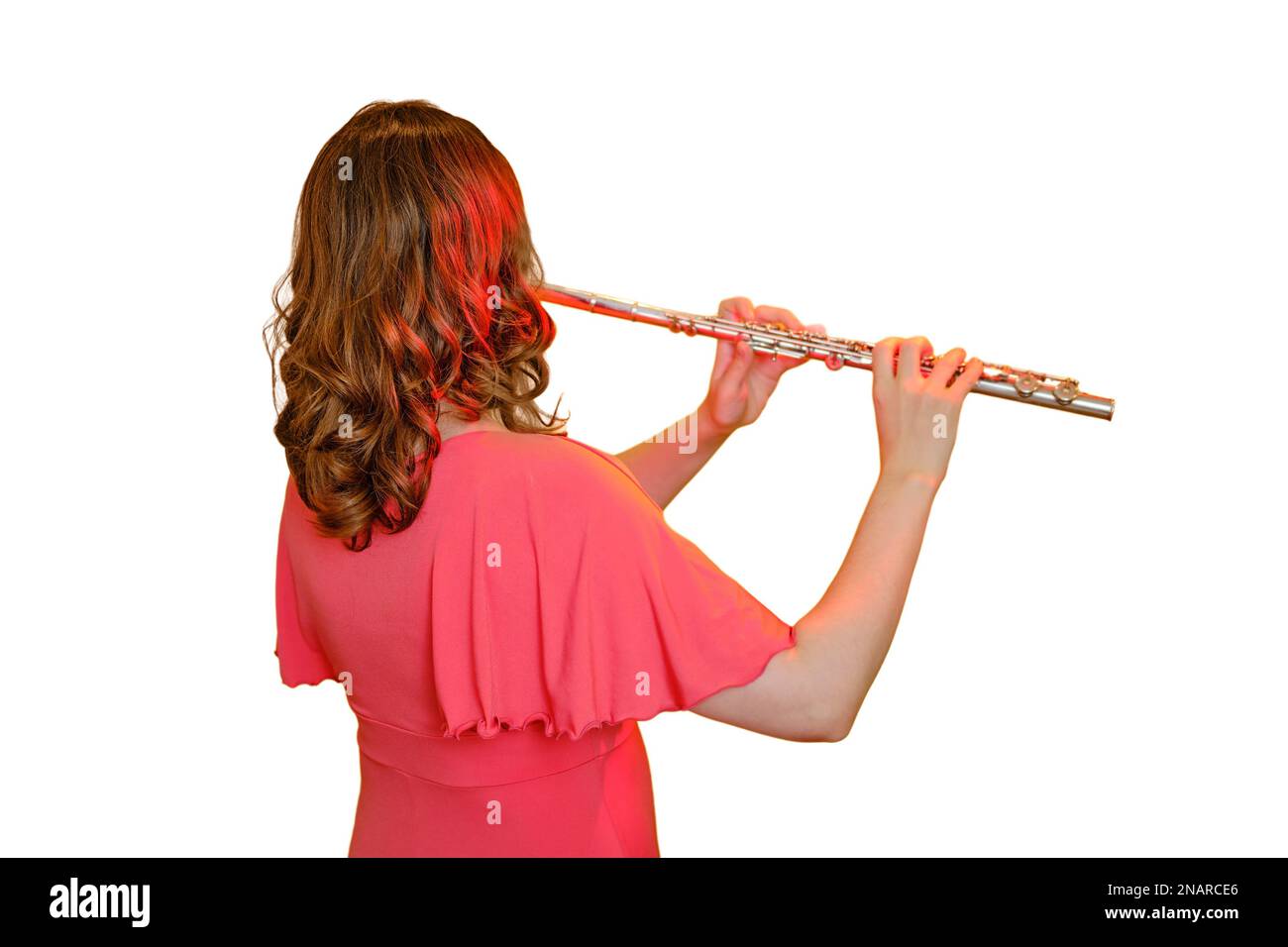 Woman musician with a flute on a studio isolated white background ...