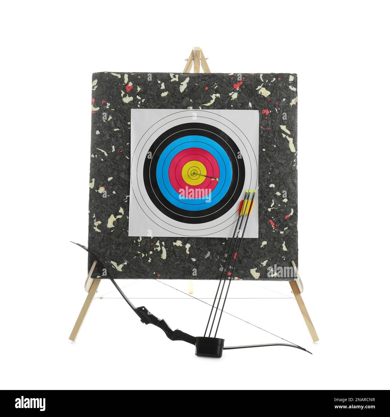 Bow, arrows and archery target on white background Stock Photo - Alamy