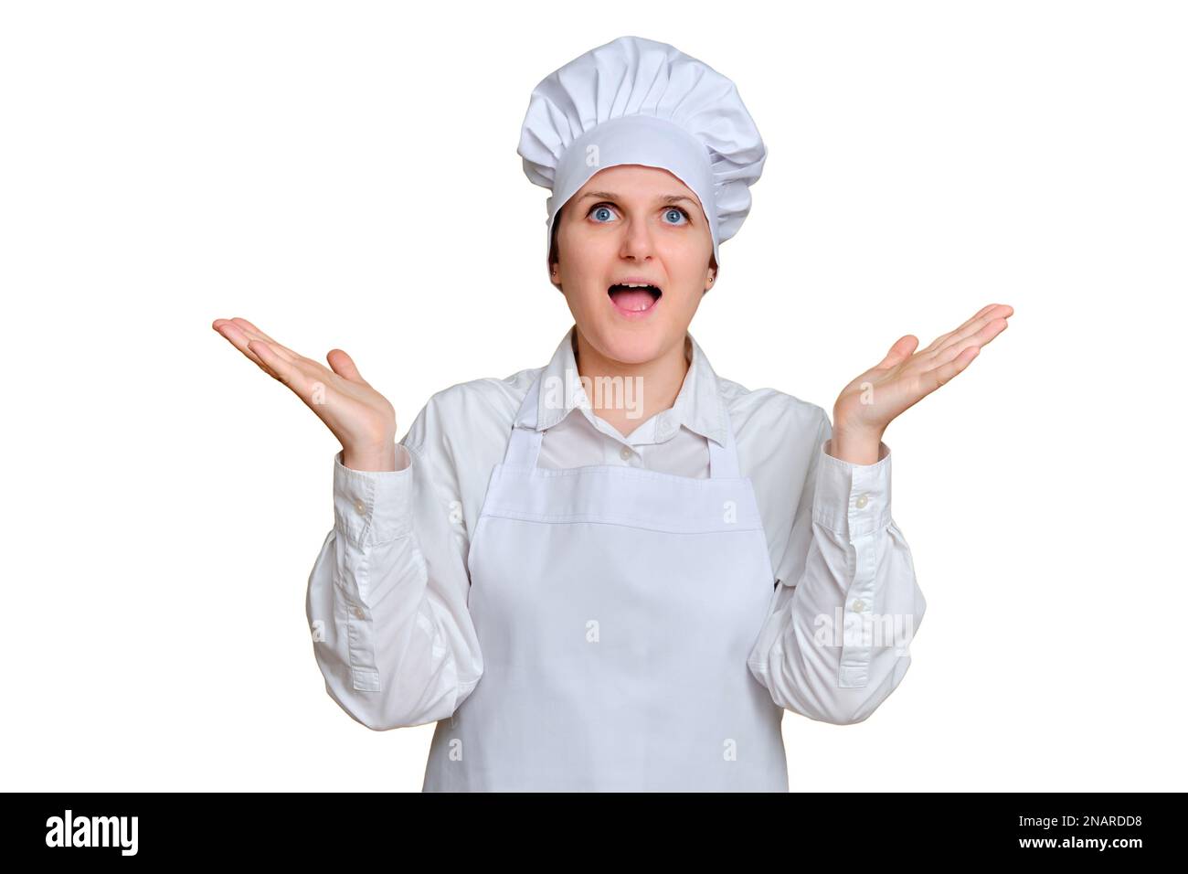 Enthusiastic female chef with a happy smile on her face on a isolated ...