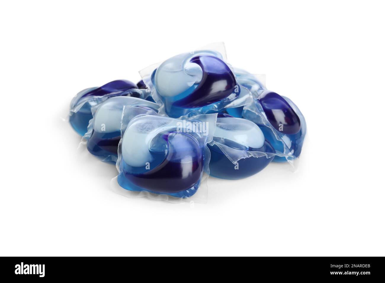 Heap of laundry capsules on white background Stock Photo - Alamy